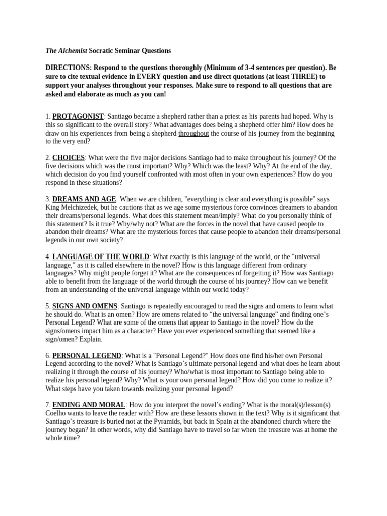 Socratic Seminar Questions for The Alchemist | PDF