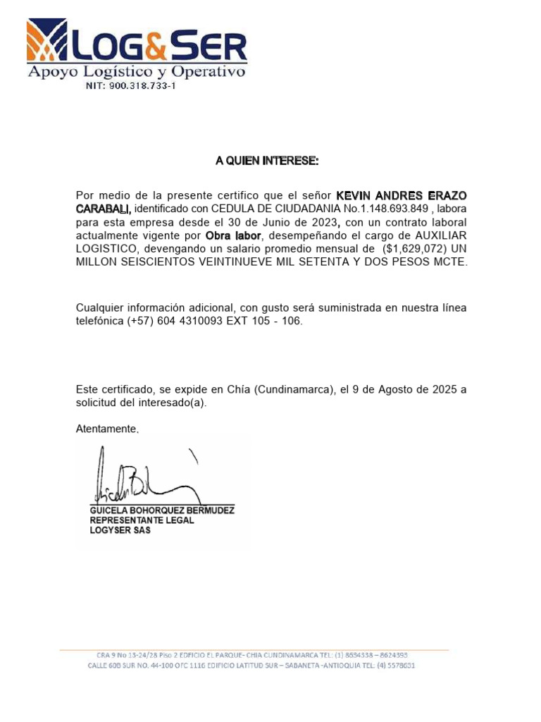 Certificado Laboral de Kevin Erazo | PDF