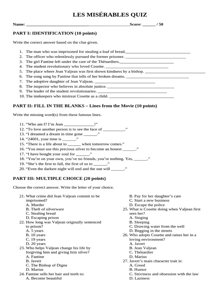 Les Misérables Quiz: Test Your Knowledge | PDF | Cosette | Marius Pontmercy