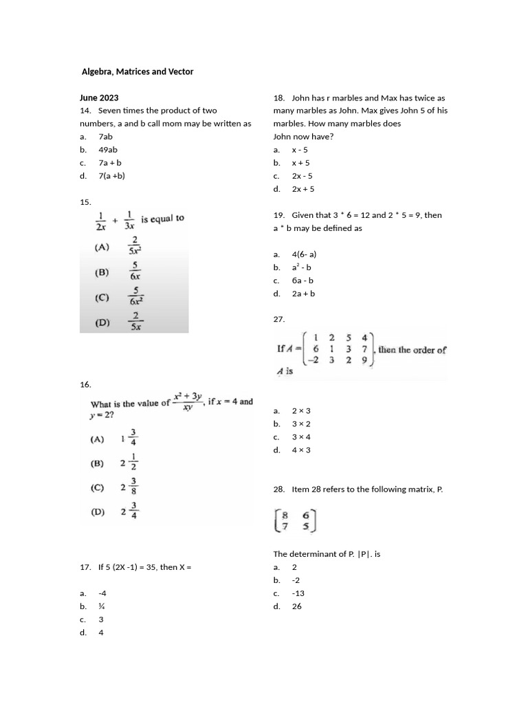 Algebra and Matrix Problem Set | PDF | Determinant | Matrix (Mathematics)