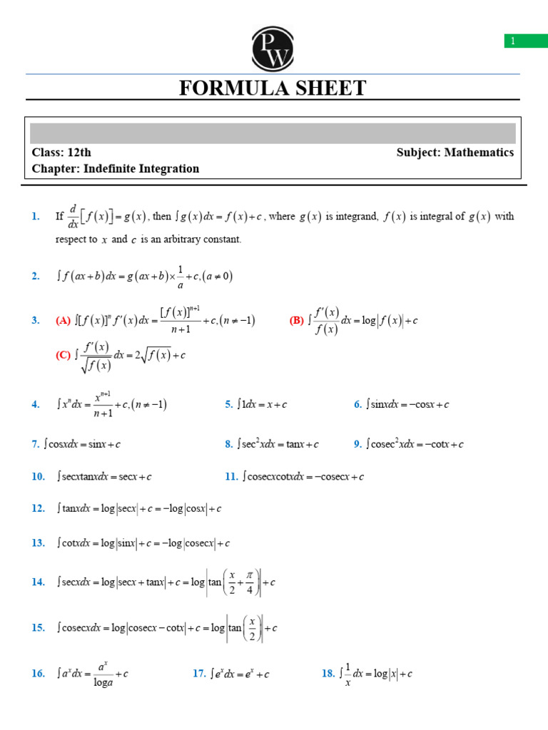 Indefinite Integration Formula Sheet | PDF | Mathematical Objects ...