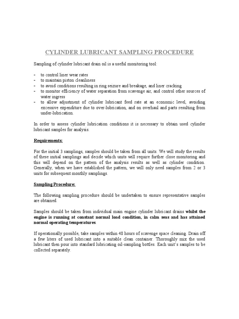 Cylinder Lubricant Sampling Guide | PDF | Cylinder (Engine) | Piston