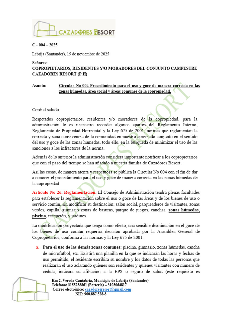 Circular No 004 - Uso Correcto de las Zonas Humedas Cazadores Resort P.H (15 Noviembre 2025 ...