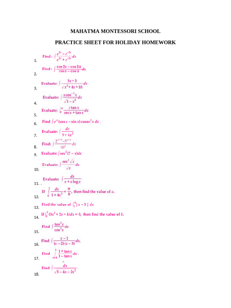 Holiday Homework Practice Sheet | PDF | Multiple Choice