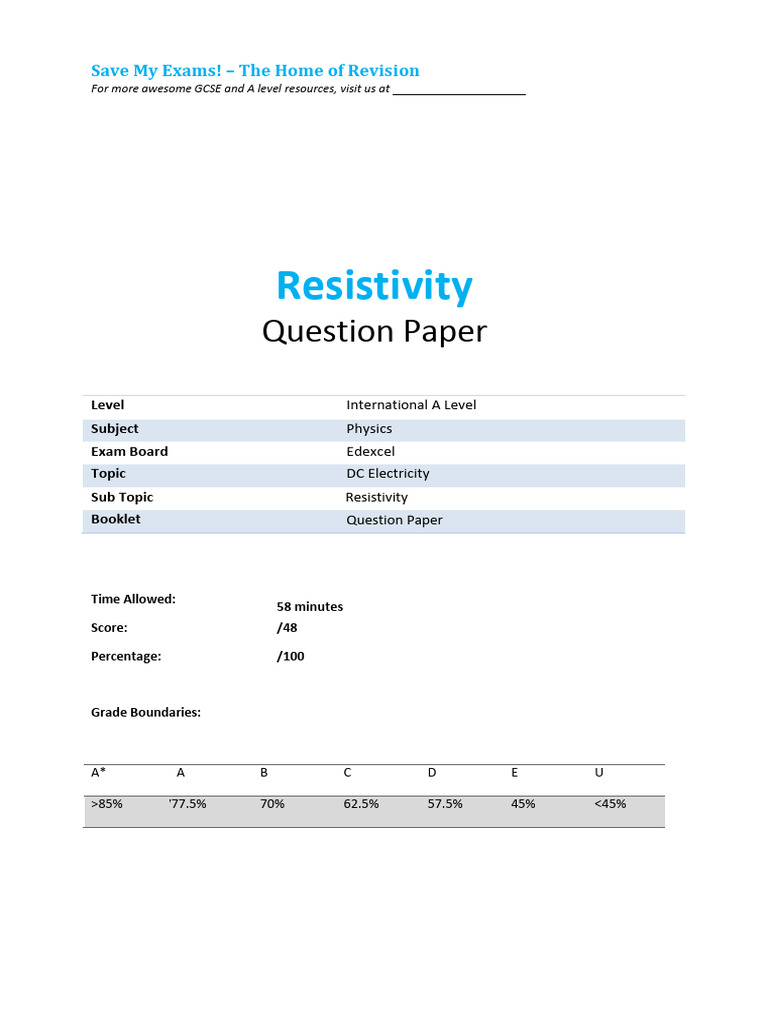 A Level Physics Resistivity Exam Paper | PDF | Educational Assessment ...