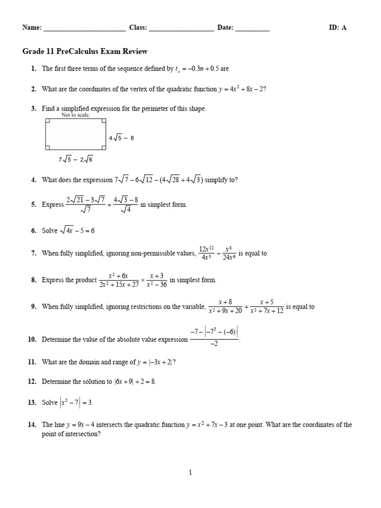 Grade 11 Exam Review 1 | PDF | Trigonometric Functions | Quadratic Equation