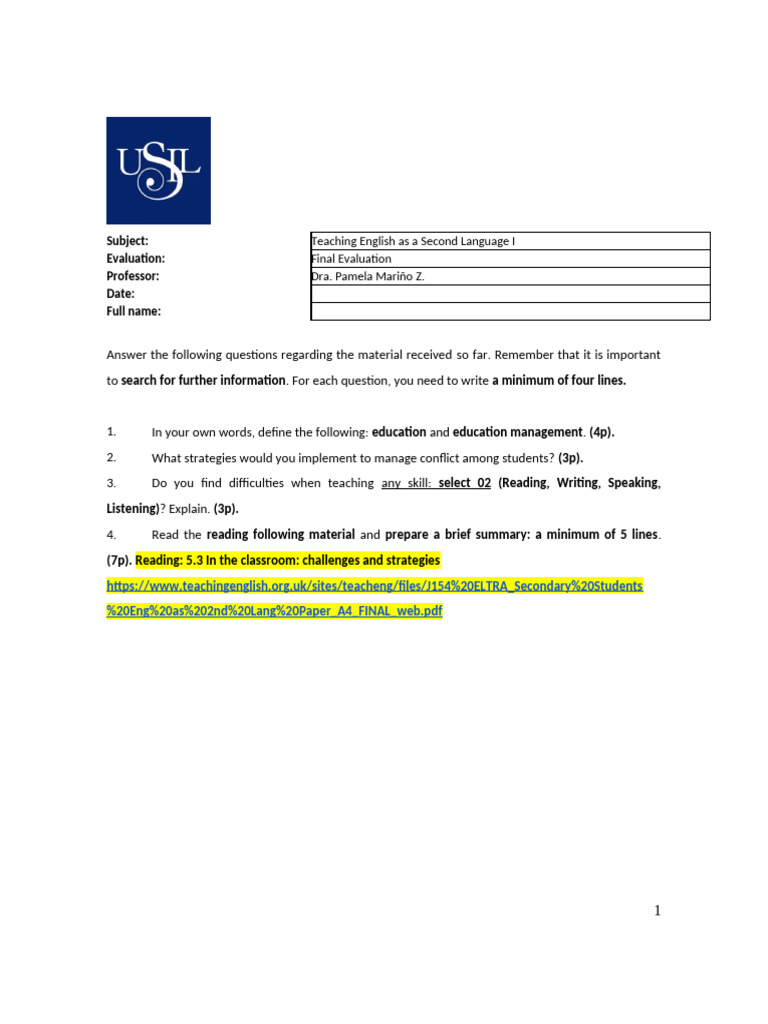 (FULL NAME)_Final Evaluation. Teaching English as a Second Language I ...