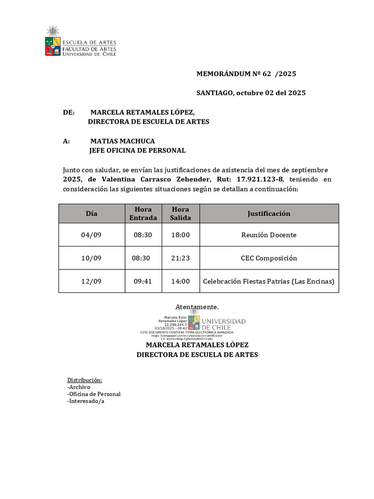 Memorandum n62 Justificacion Marcaje Septiembre Valentina Carrasco ...