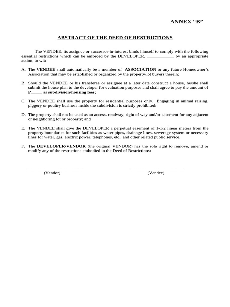 Deed of Restrictions for Property Use | PDF