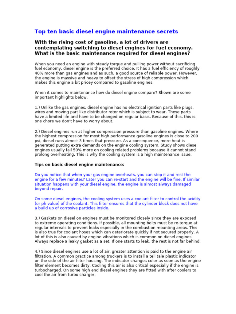 Diesel Engine Maintenance Tips | PDF | Diesel Engine | Engines