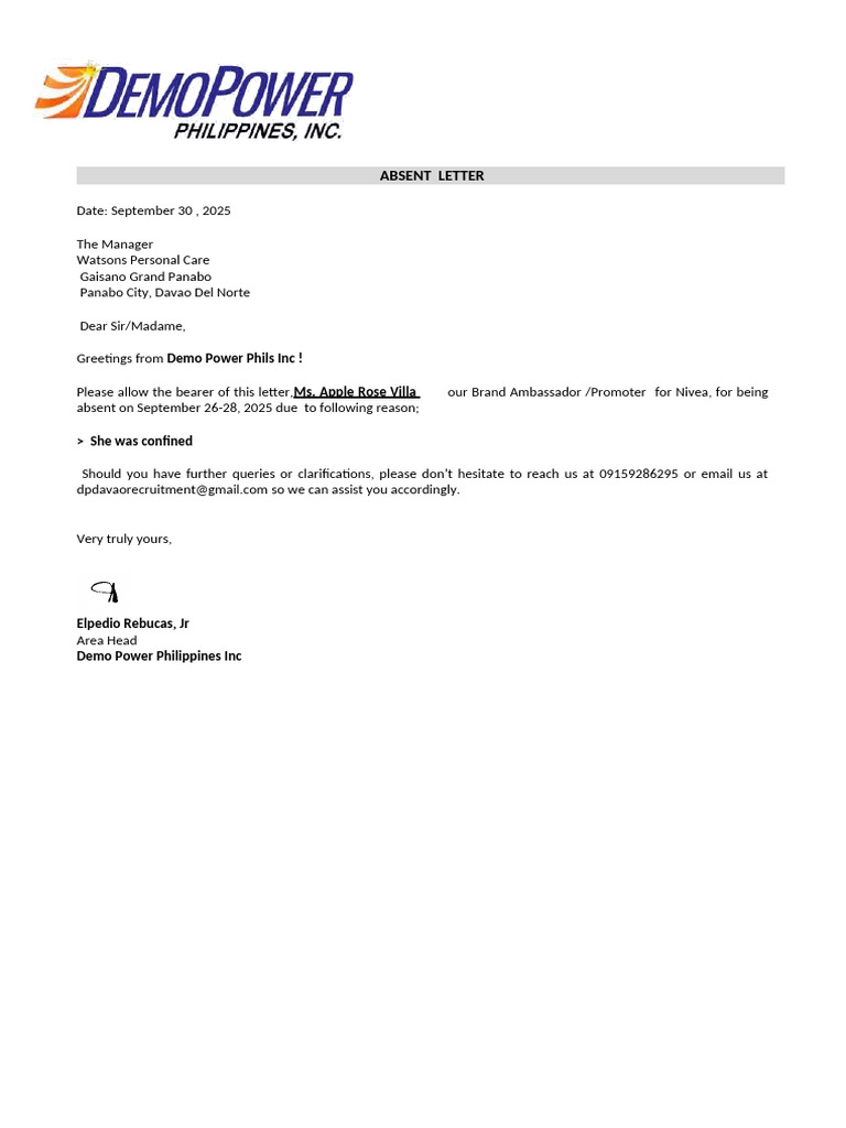 Absent Letter for Brand Ambassador | PDF