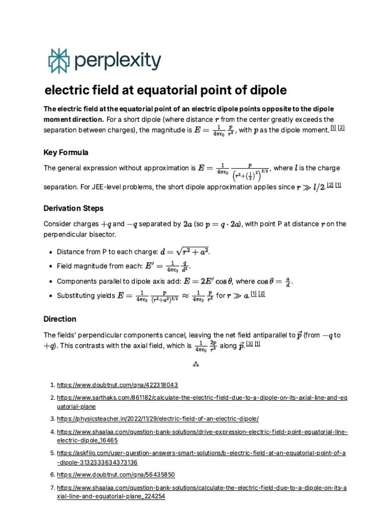 Electric Field at Equatorial Point of Dipole | PDF