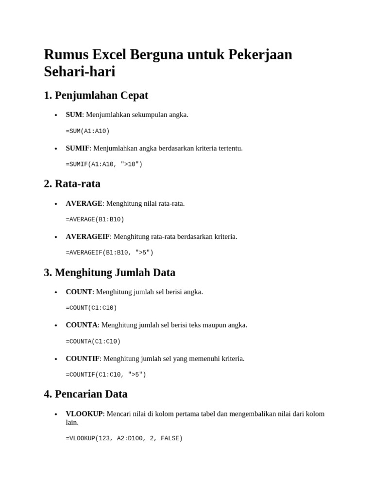 Rumus Excel Penting untuk Pekerjaan Sehari-hari | PDF