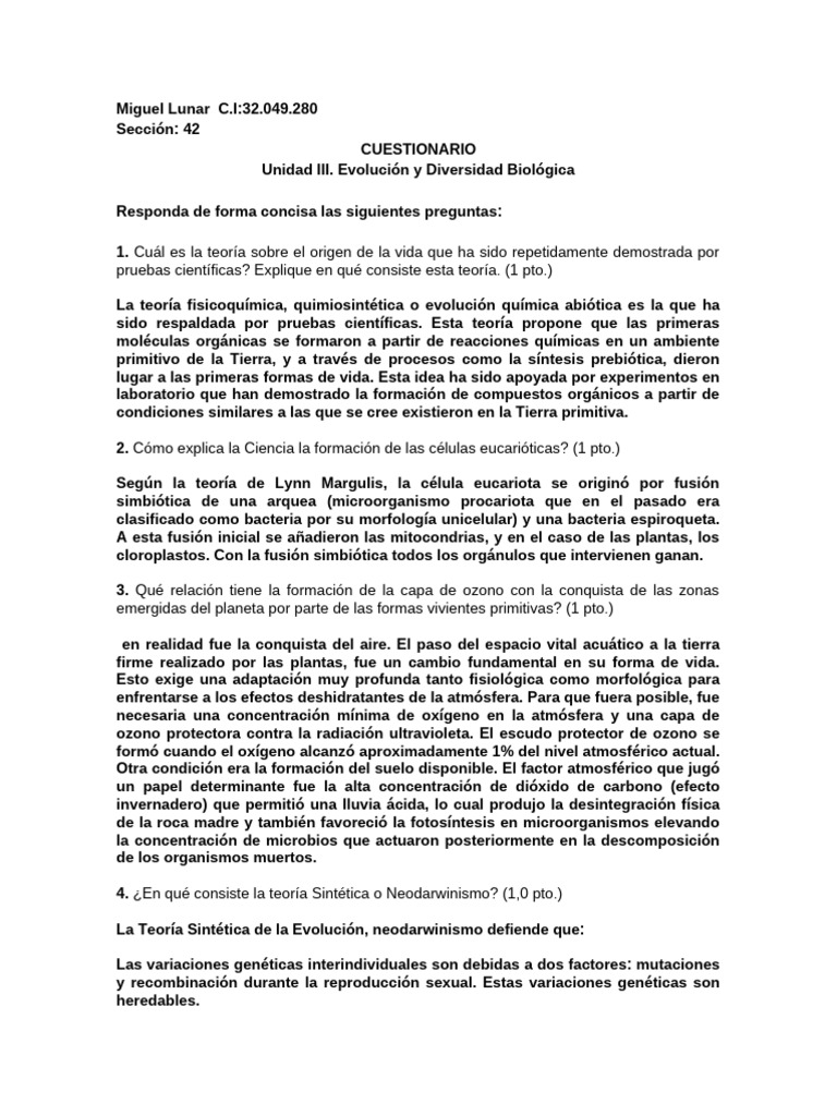 CUESTIONARIO Evol. Temas 1, 2 y 3. 10 preguntas | PDF | Evolución | Eucariotas