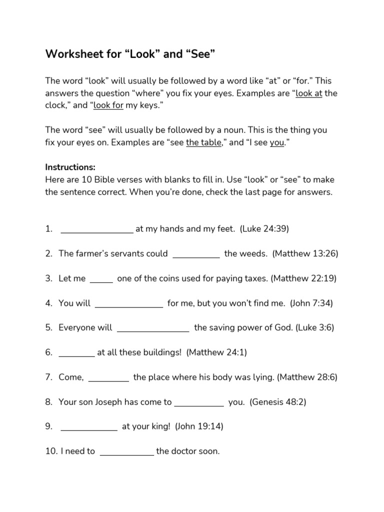 "Look vs. See: Bible Worksheet" | PDF
