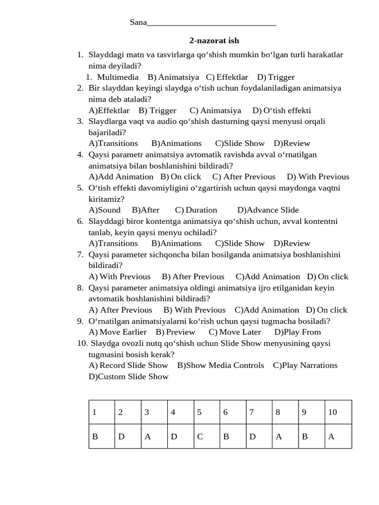 7-Sinf Informatika 2-Chorak Nazorat Ishi | PDF