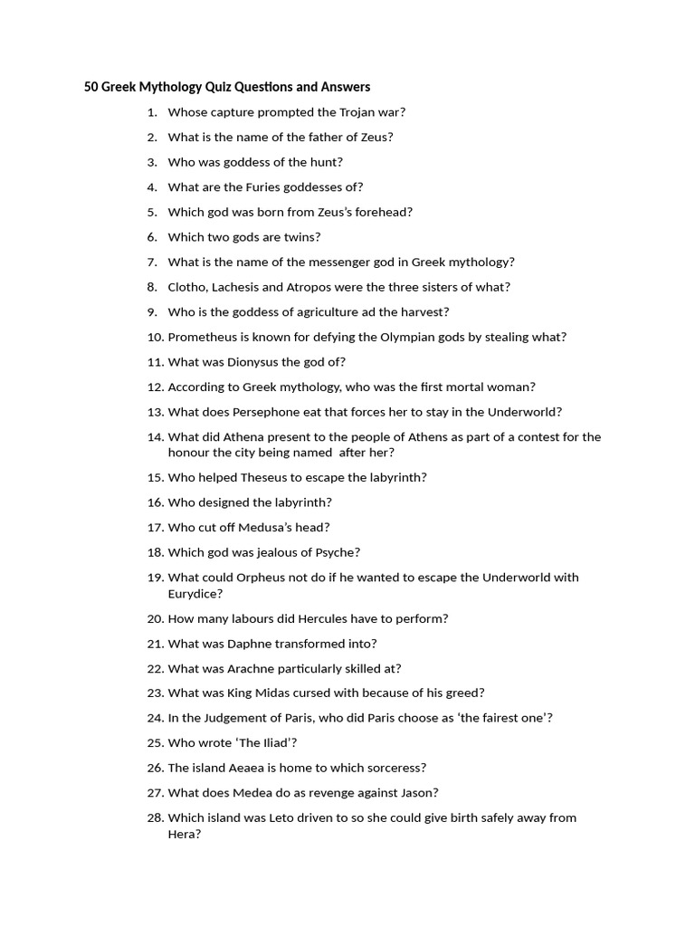 Greek Mythology Quiz: 50 Questions | PDF | Hades | Greek Mythology