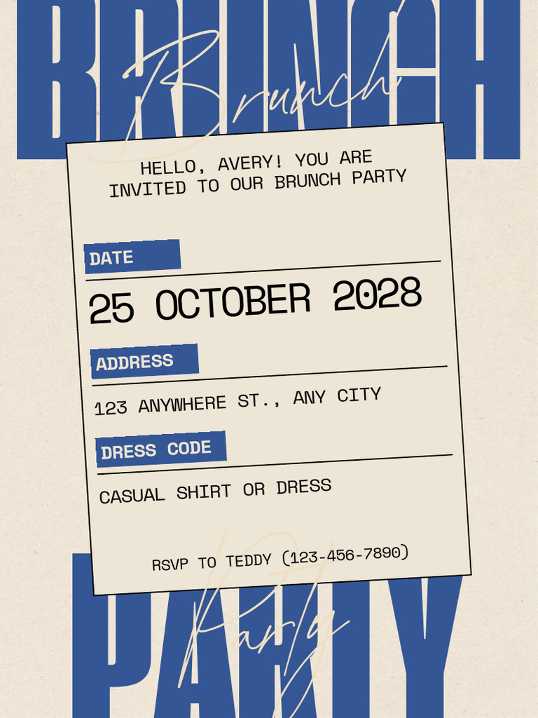 Blue Beige Bold Simple Brunch Party Invitation | PDF