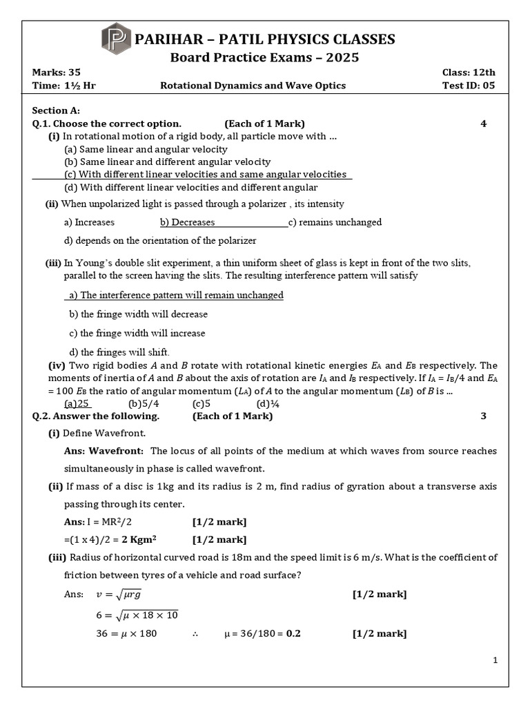 Class 12 Physics Board Exam Practice | PDF | Refraction | Rotation ...