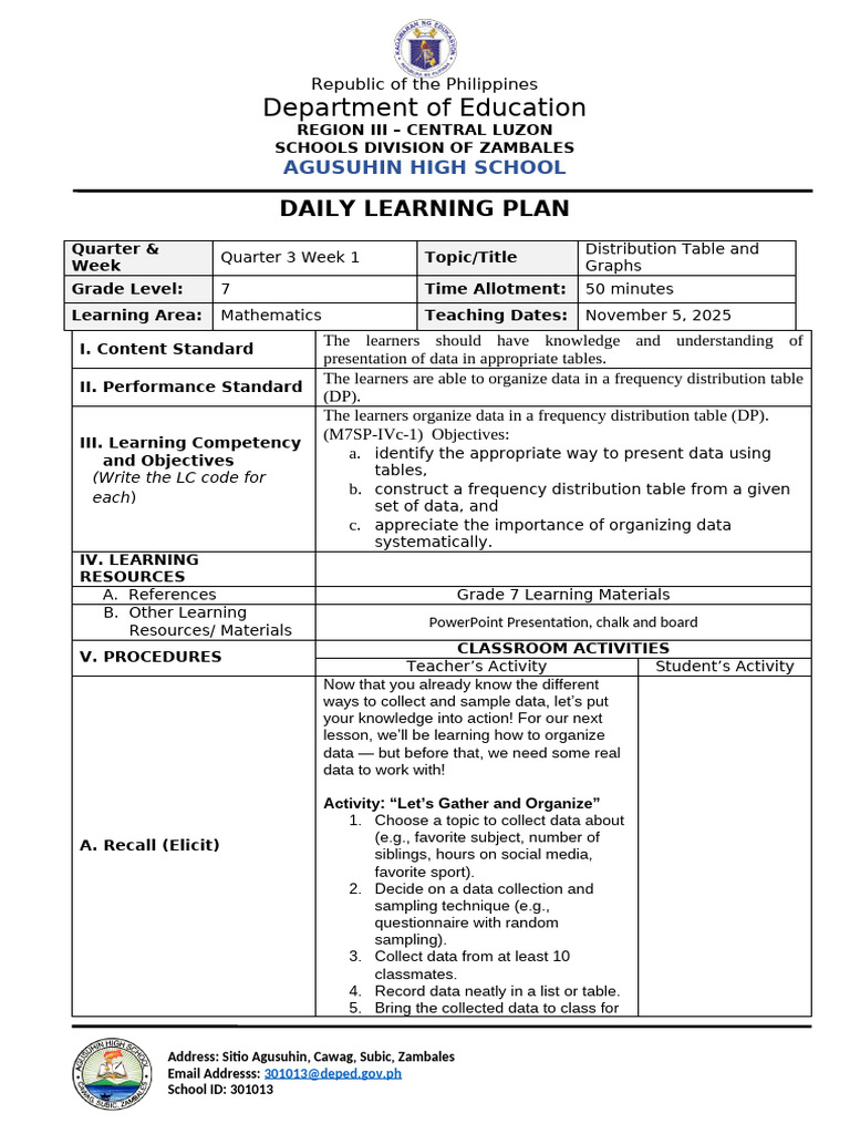 Grade 7 Math: Frequency Tables Lesson | PDF | Learning | Data