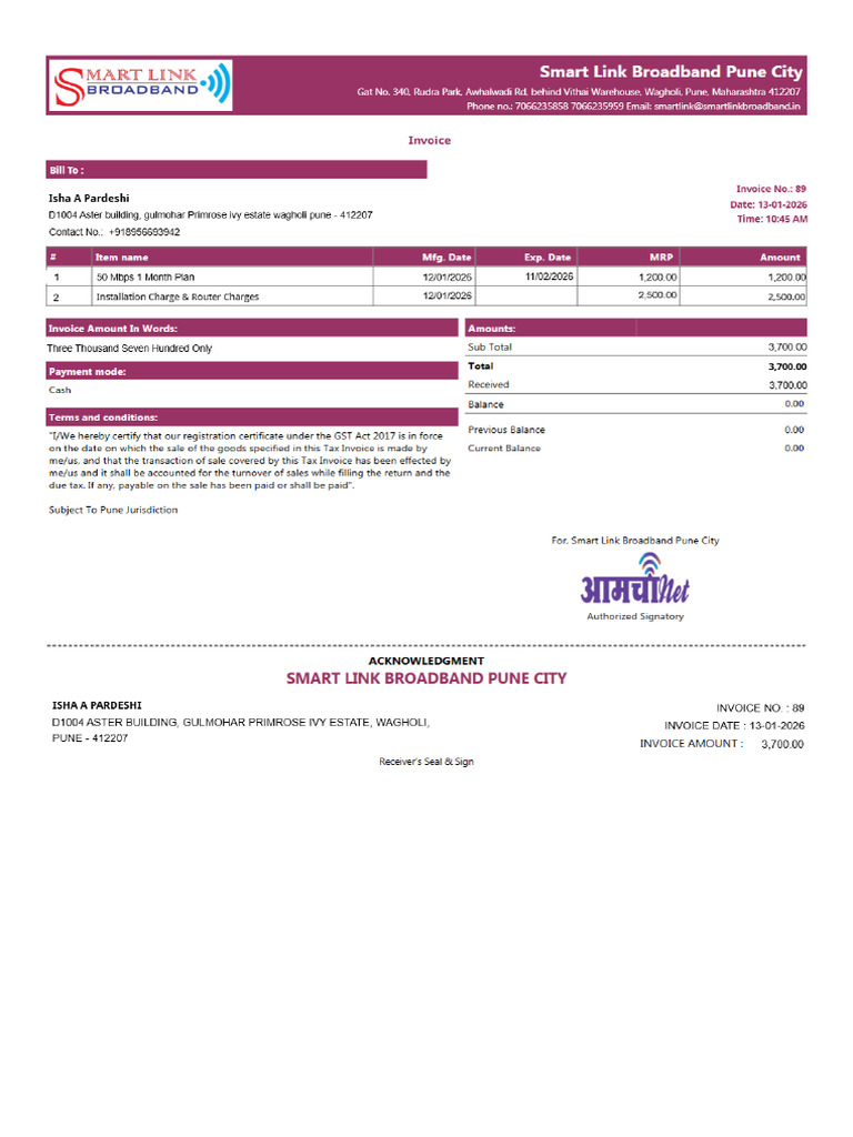 Isha Broadband Invoice | PDF