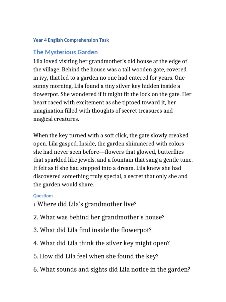 Year 4 English Comprehension Task | PDF