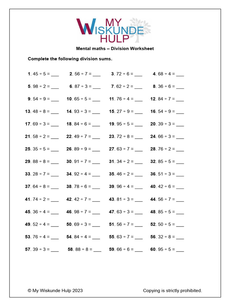 Division Worksheet for Mental Maths | PDF | Chess | Chess Theory