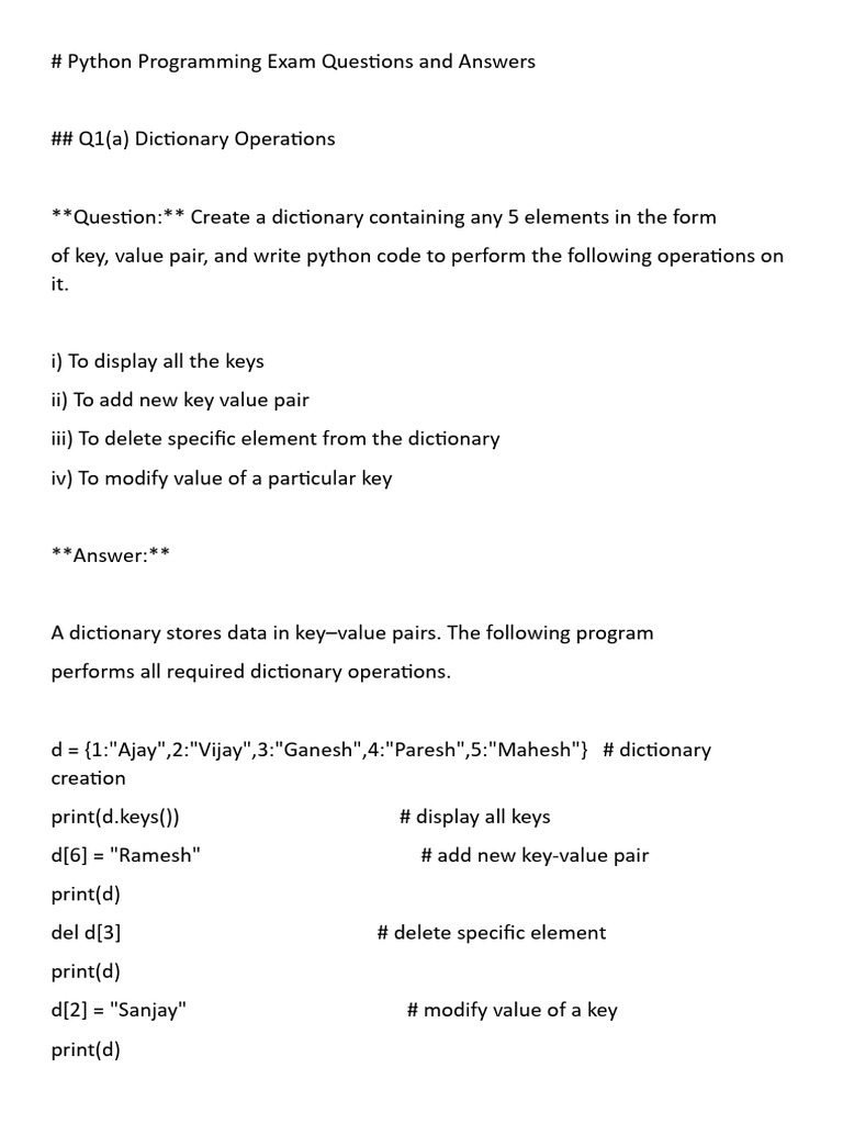 Python Programming Exam Questions and Answers | PDF | String (Computer ...