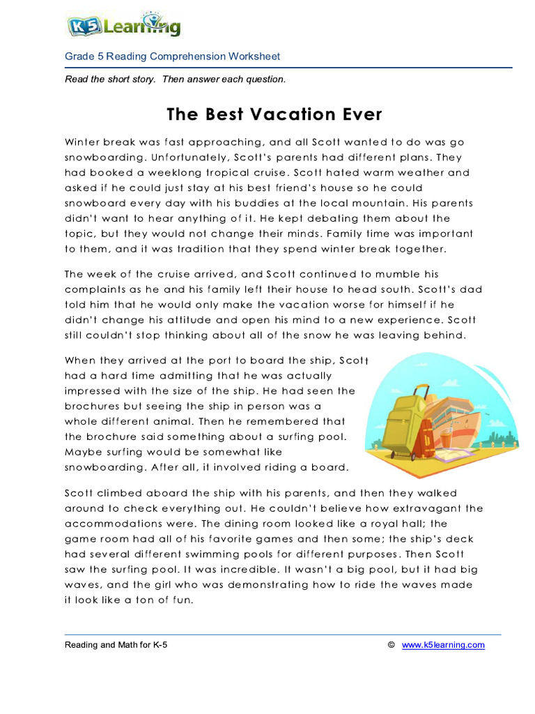 Reading Comprehension Worksheet and Kid - S Fable - The Best Vacation ...