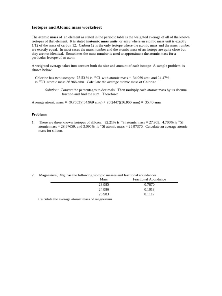 Worksheet 1 - Isotopes and Atomic Mass | PDF | Isotope | Chemical Elements