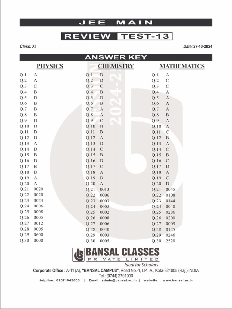 02_PCM_RT-13_27-10-2024_11th_JEE Main_Ans & Sol | PDF