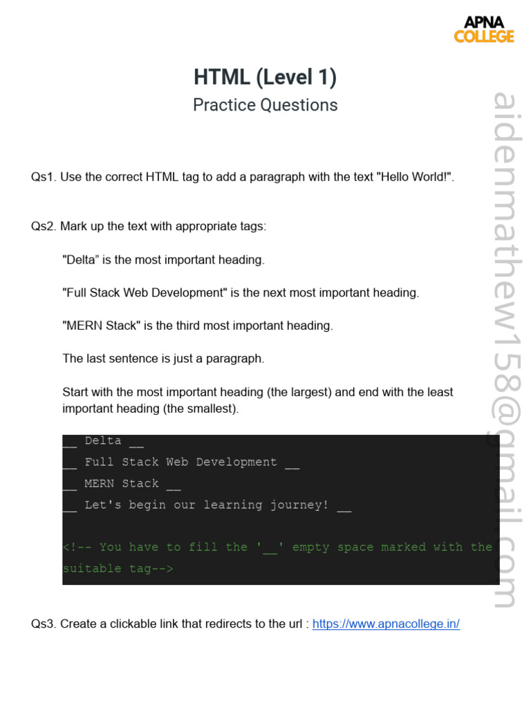 HTML Practice Questions for Beginners | PDF