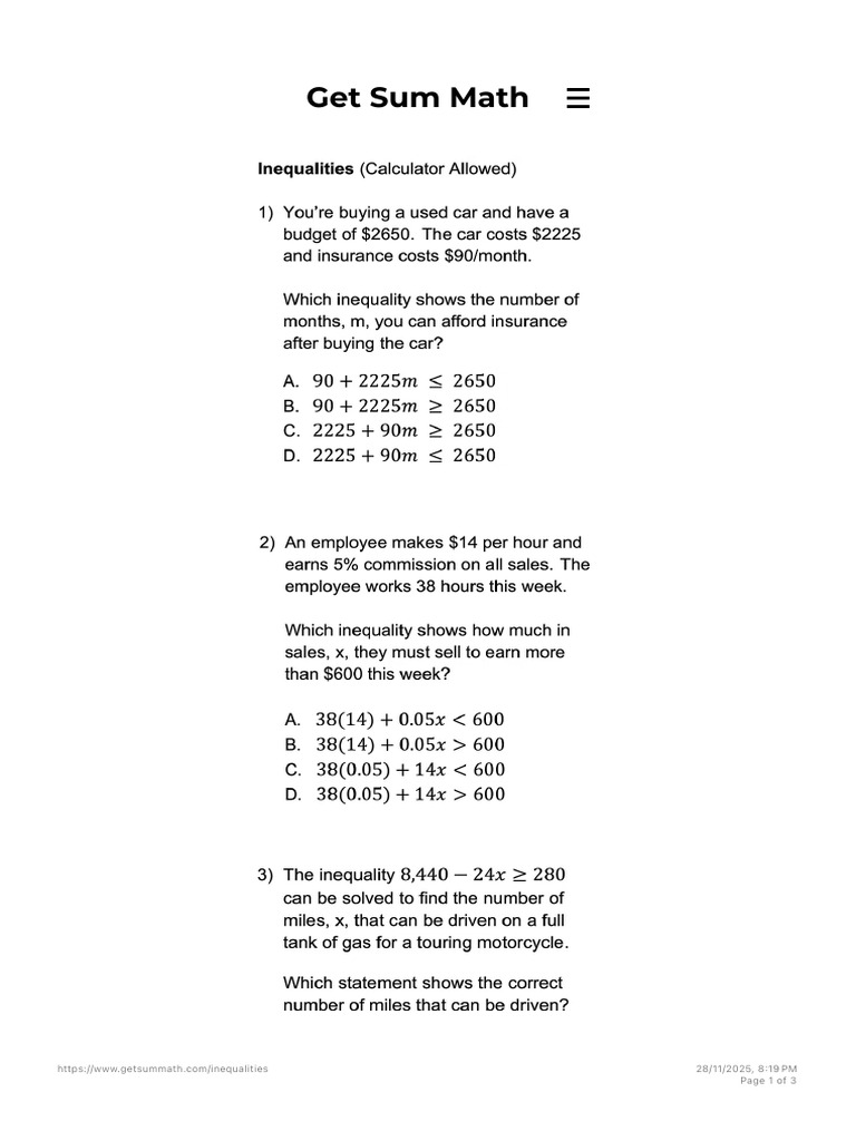 Solve GED Math Inequalities Online | PDF
