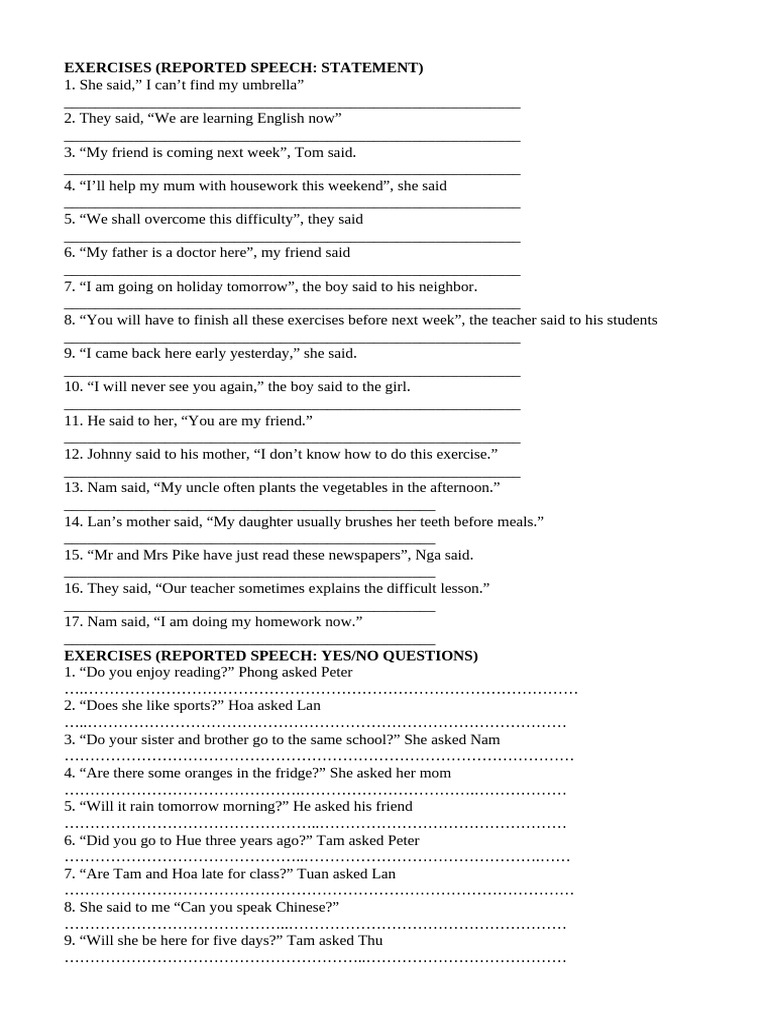 Reported Speech Exercises for Students | PDF