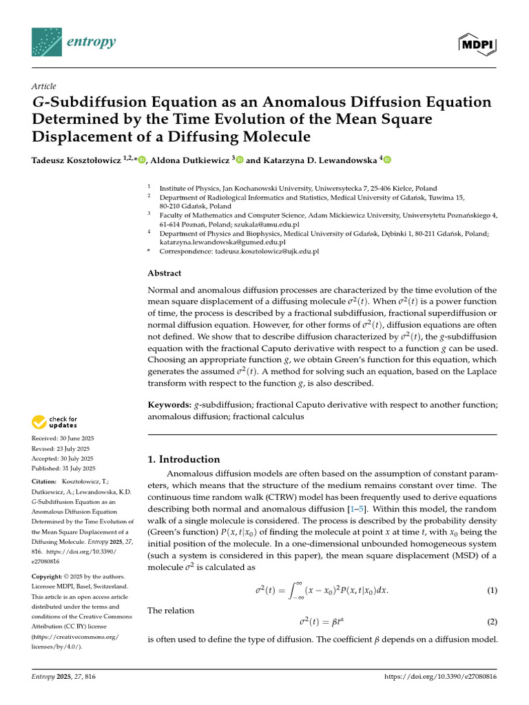 entropy-27-00816-v2 | PDF | Diffusion | Equations