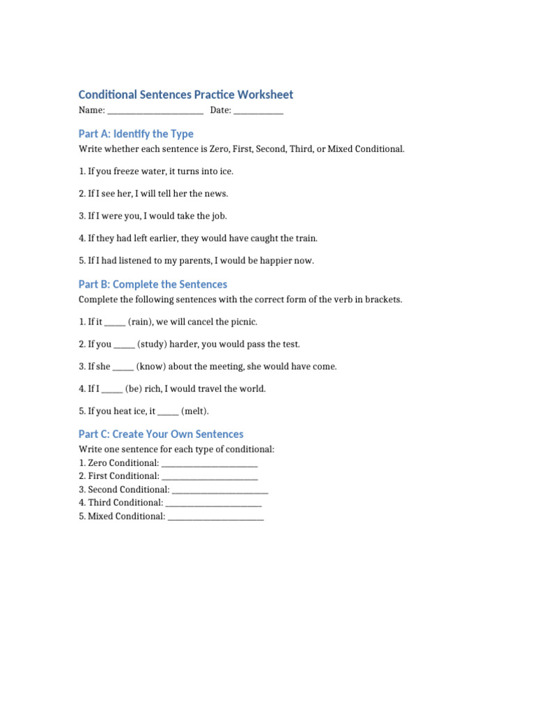Conditional Sentences Practice Worksheet Pdf