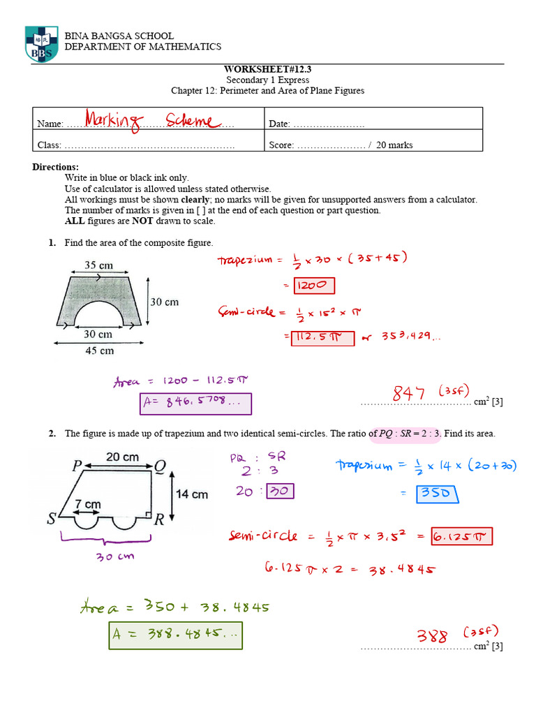 S1E WS#12.3 Chapter 12 Perimeter and Area of Plane Figures | PDF ...