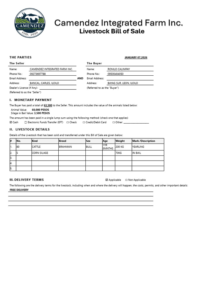 Livestock Bill of Sale Agreement | PDF