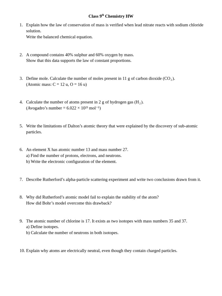Class 9th Chemistry HW | PDF