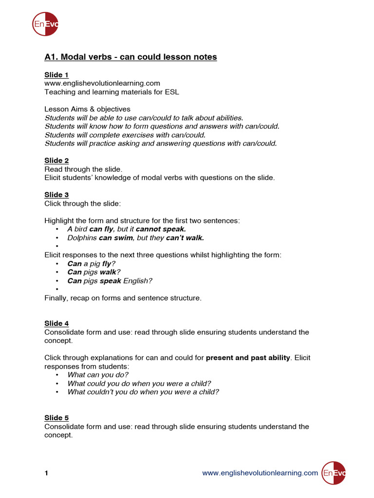 A1 Modal Verbs: Can/Could Lesson Guide | PDF | Question | Language ...
