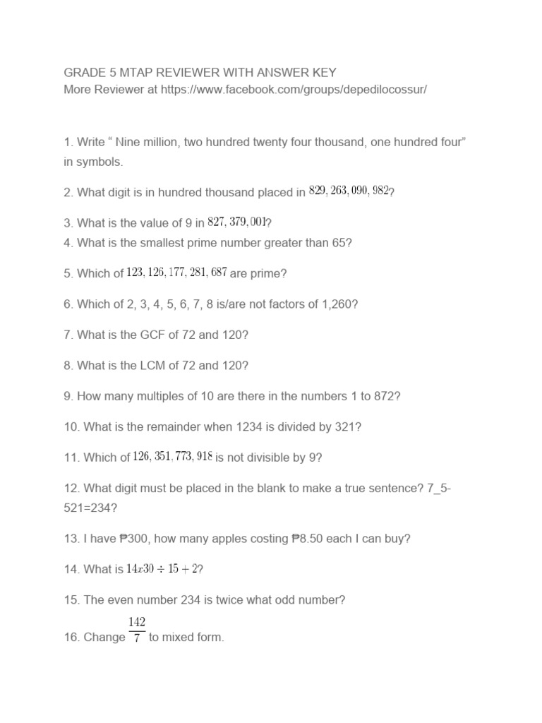 Grade 5 Math Reviewer & Answer Key | PDF