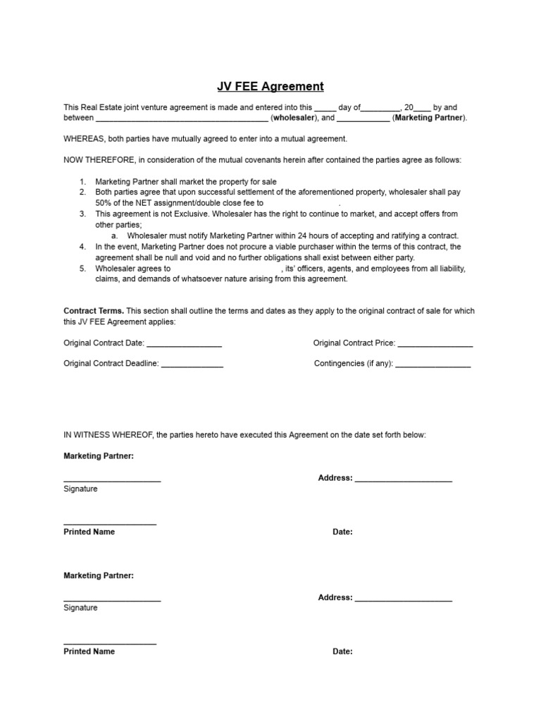 JV FEE Agreement Template | PDF