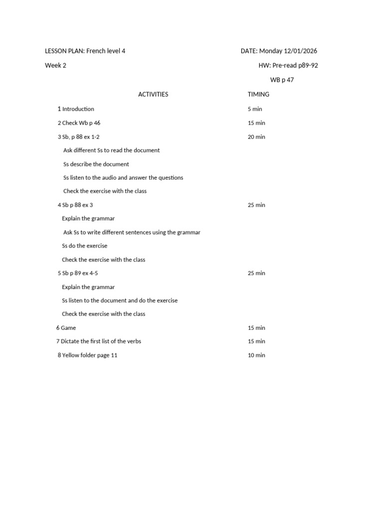 French Level 4 Lesson Plan Week 2 | PDF | Linguistics | Grammar