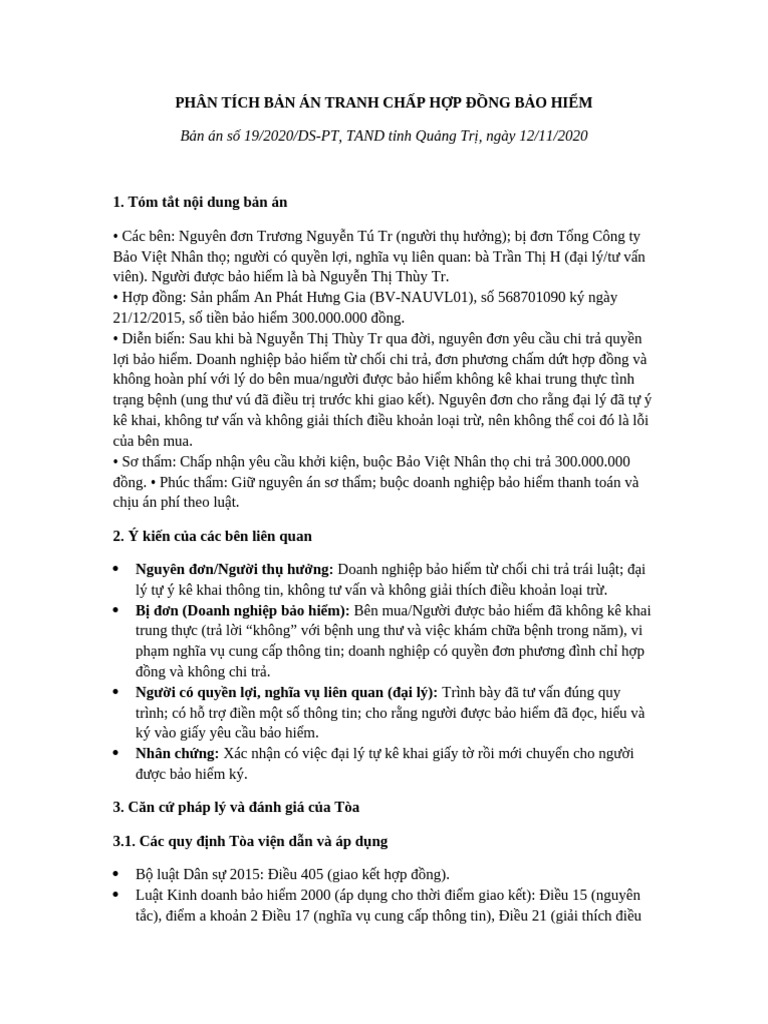 Phan Tich Ban an Tranh Chap HD Bao Hiem Quang Tri 19-2020 DS-PT | PDF