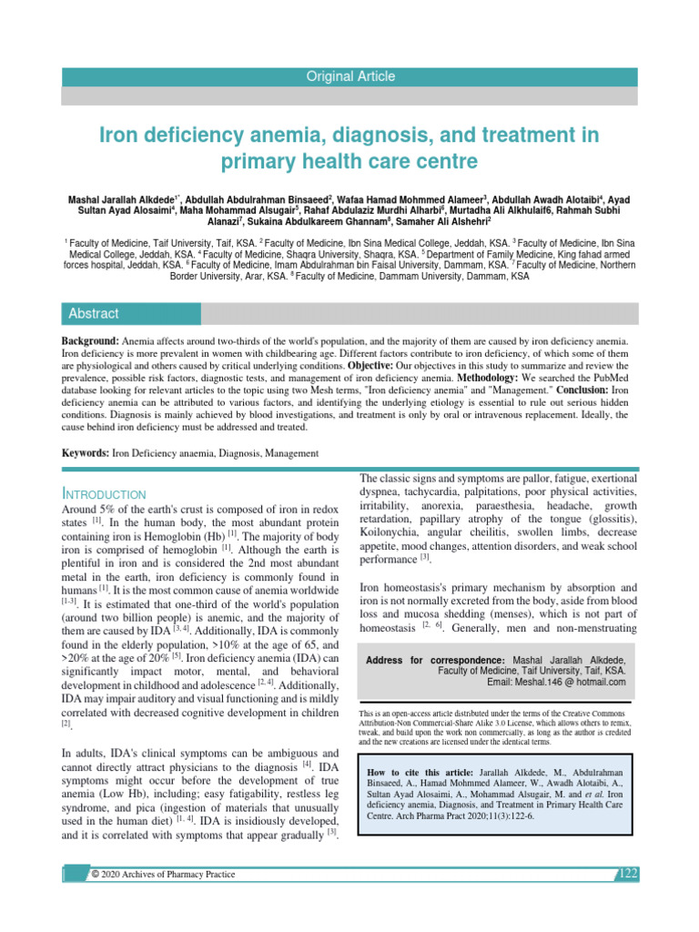 Iron Deficiency Anemia Diagnosis and Treatment in Primary Health Care ...