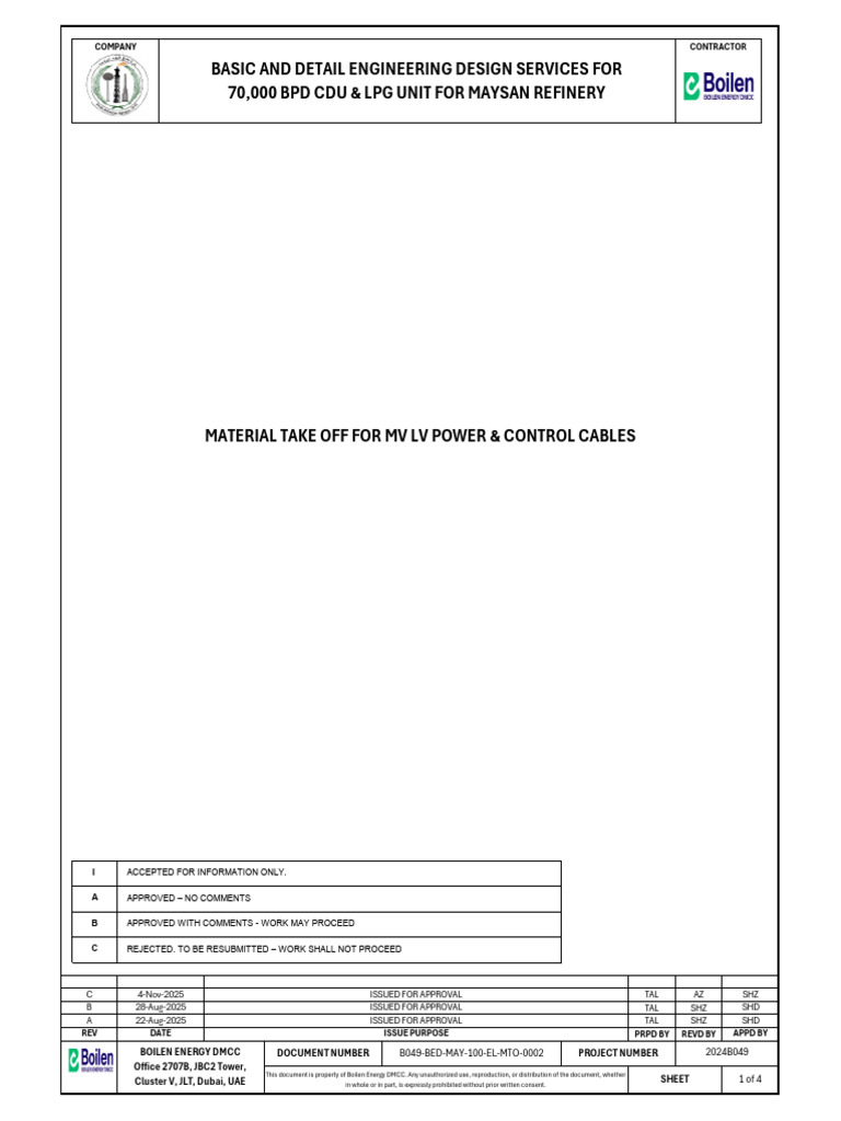 b049-Bed-may-100-El-mto-0002 Mto For MV LV Power & Control Cables | PDF ...