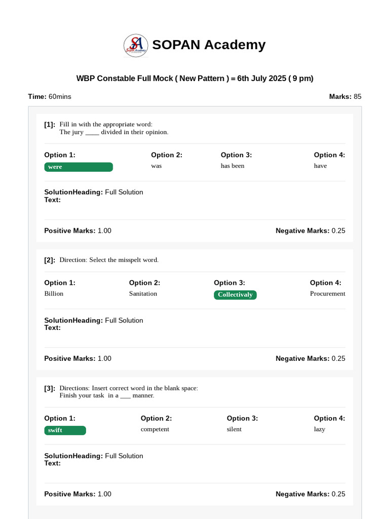 WBP Constable Full Mock New Pattern 6th July 2025 9 PM 1751853383472 | PDF