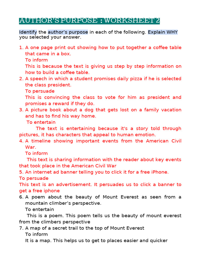Worksheet Author - S Purpose #2 (LL) | PDF