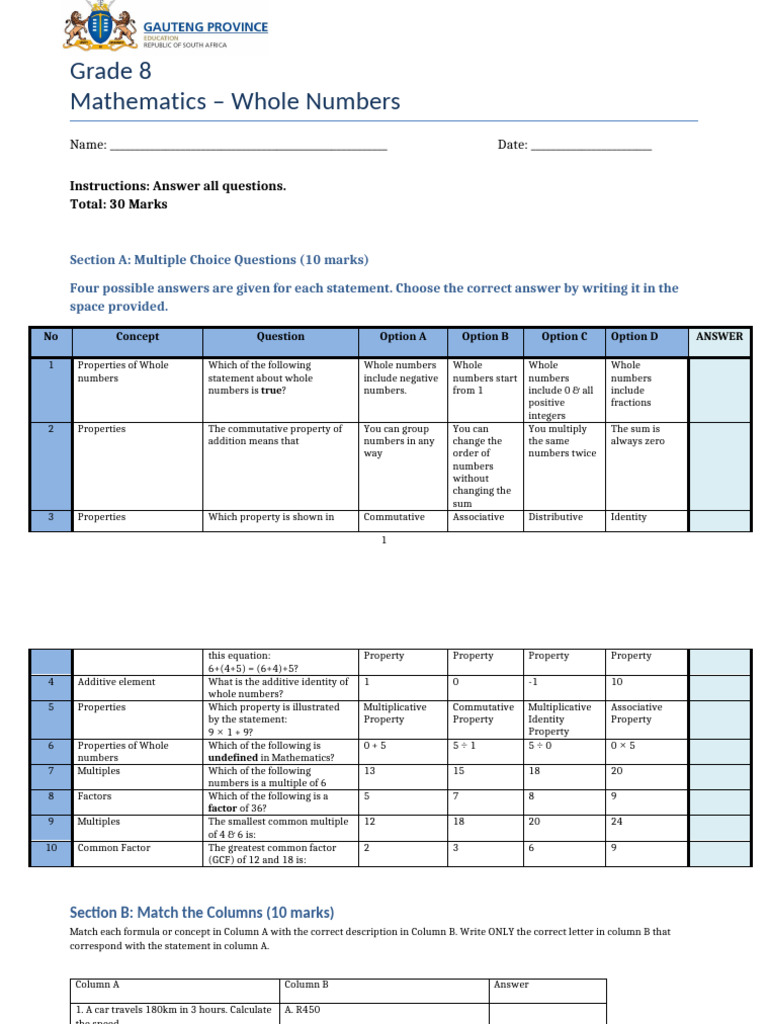 Grade 8 Whole Numbers Math Test | PDF | Numbers | Integer