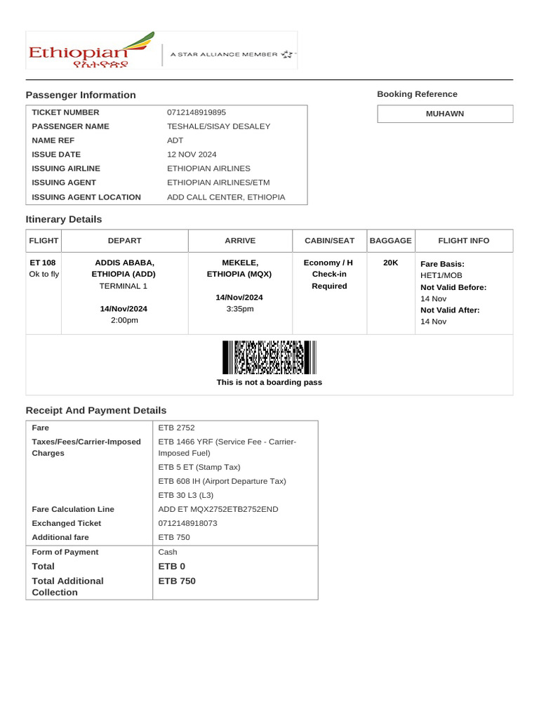 Electronic Ticket Receipt, November 14 For SISAY DESALEY TESHALE | PDF ...